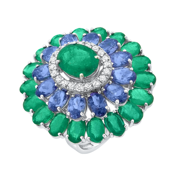 Emerald And Tanzanite Flower Sterling Rings by Mohar Fine Jewellery